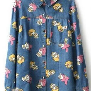 Cartoon Button-up Denim Shirt on Luulla