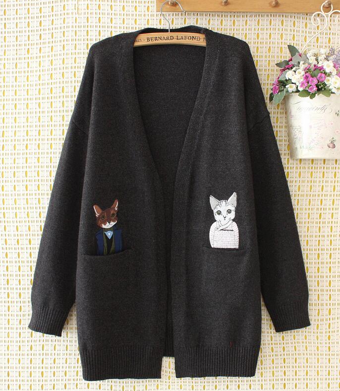 Two Cats Embroidery Cardigan Sweater on Luulla