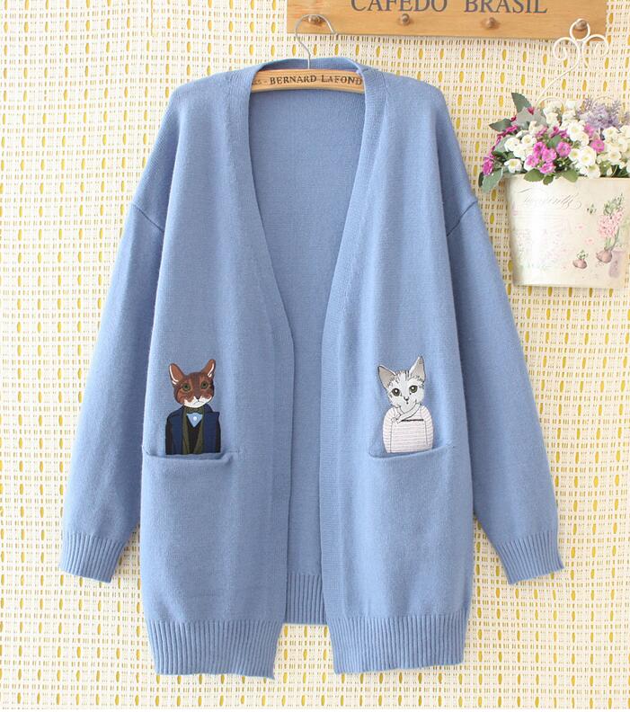 Two Cats Embroidery Cardigan Sweater on Luulla