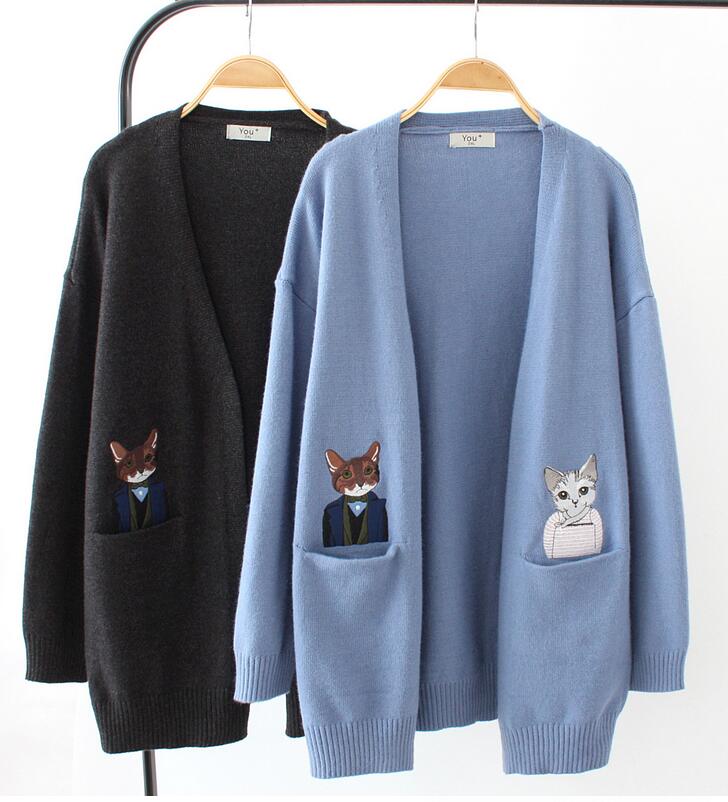 Two Cats Embroidery Cardigan Sweater on Luulla