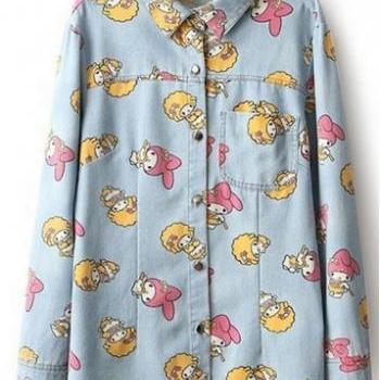 Cartoon Button-up Denim Shirt on Luulla