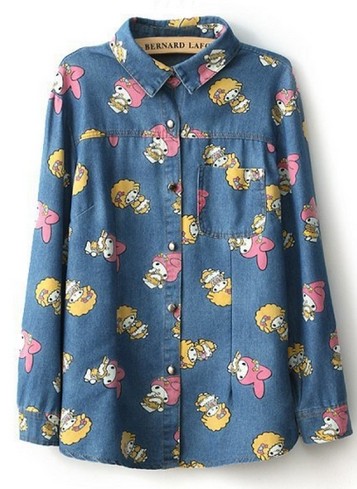 Cartoon Button-up Denim Shirt on Luulla
