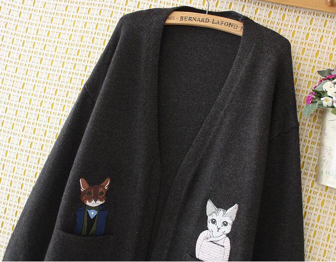 Two Cats Embroidery Cardigan Sweater on Luulla