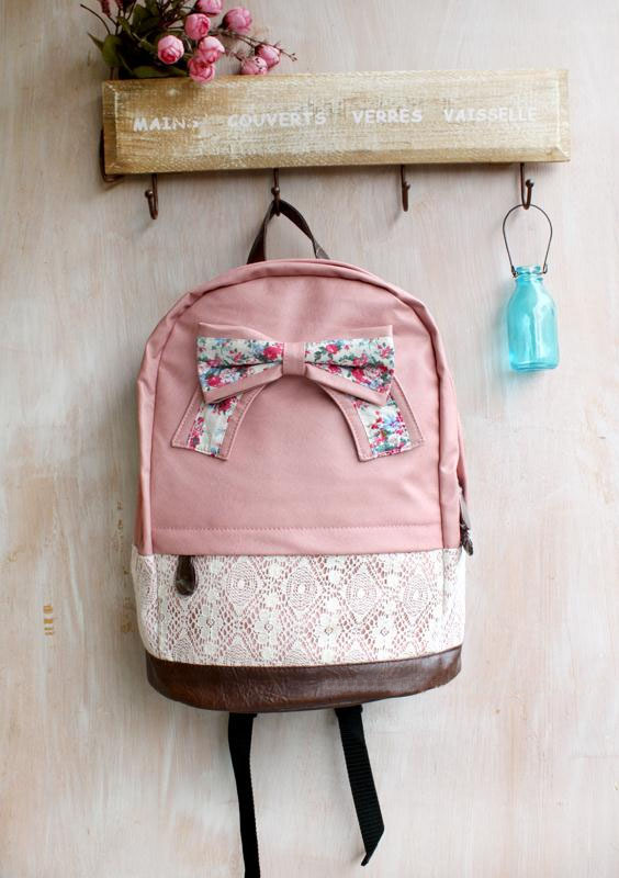 Cream Backpack With Red Floral Bow & Lace-pink on Luulla