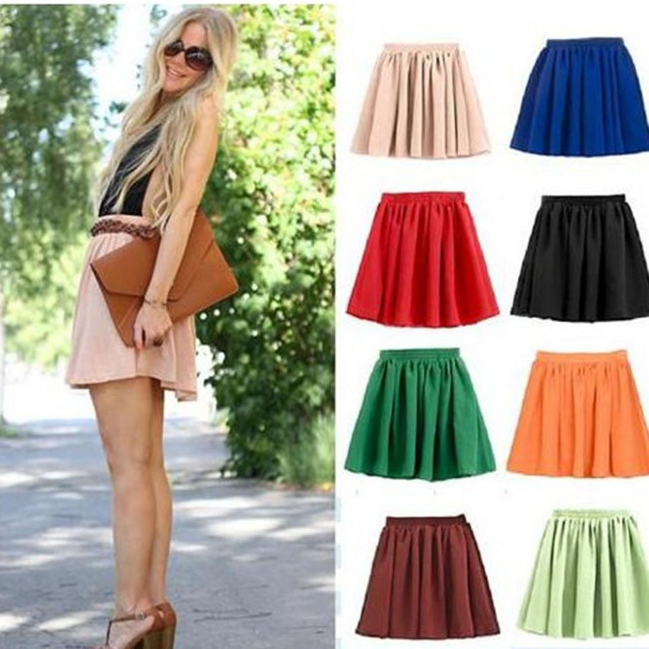 Red Lady Retro High Waist Pleated Double Layer Chiffon Short Mini ...